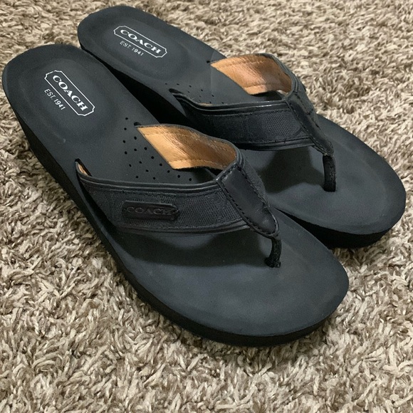 Coach | Shoes | Coach Juliet Foam Wedge Sole Black Tstrap Sandals Woman ...